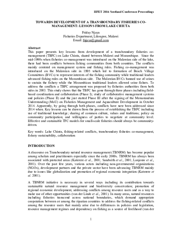 (PDF) Towards Development of a Transboundary Fisheries Co-Management ...