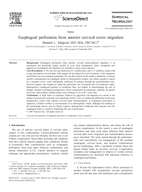 (PDF) Esophageal perforation from anterior cervical screw migration