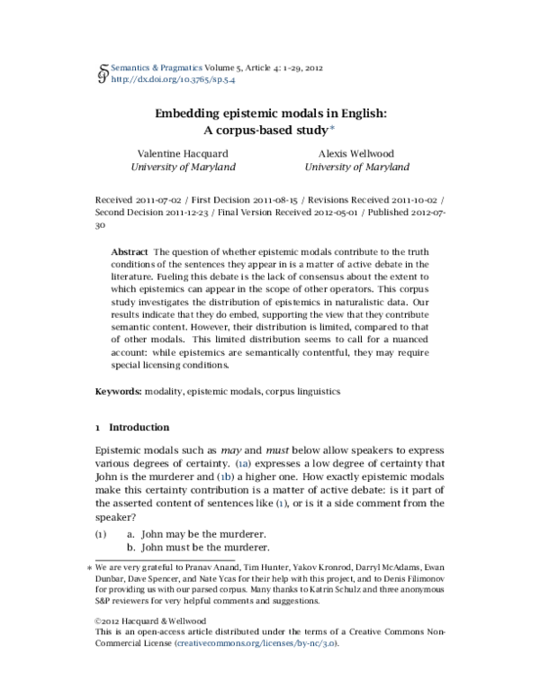 (PDF) Embedding epistemic modals in English: A corpus-based study ∗
