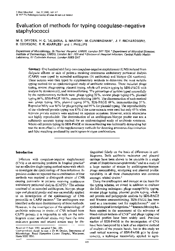 (PDF) Evaluation of methods for typing coagulase-negative staphylococci