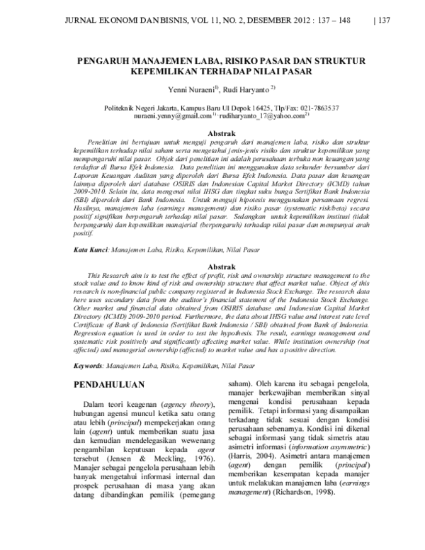 (PDF) Penelitian ini bertujuan untuk menguji pengaruh dari manajemen laba, risiko dan struktur ...