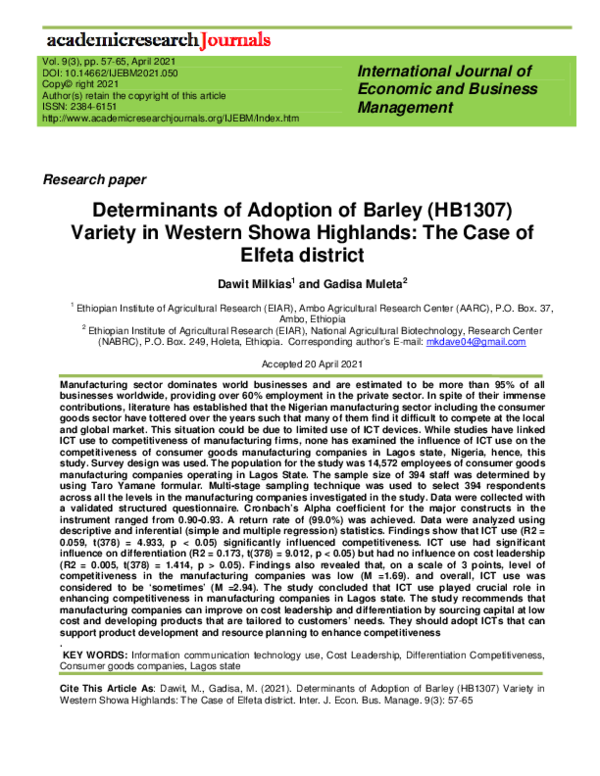 (PDF) Determinants of Adoption of Barley (HB1307) Variety in Western ...
