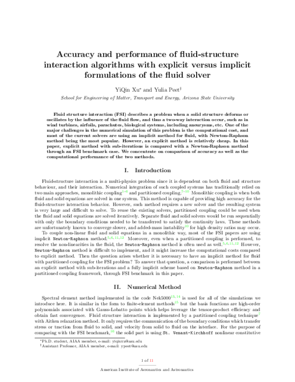Pdf Accuracy And Performance Of Fluid Structure Interaction Algorithms With Explicit Versus