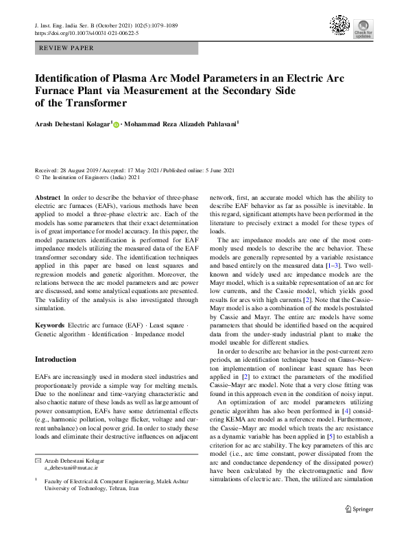 (PDF) Identification of Plasma Arc Model Parameters in an Electric Arc ...