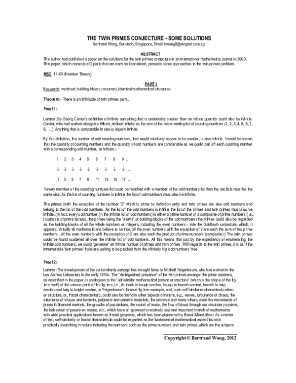 (PDF) The Twin Primes Conjecture - Some Solutions