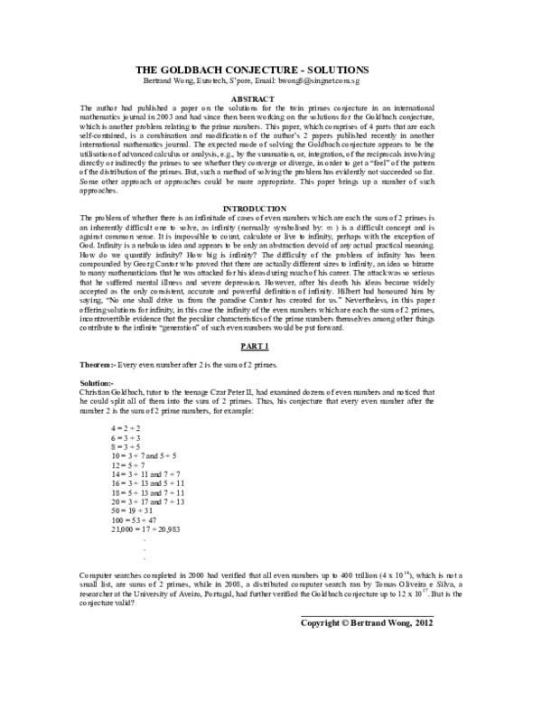 (PDF) The Goldbach Conjecture - Solutions