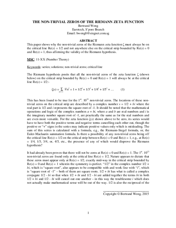 Pdf The Non Trivial Zeros Of The Riemann Zeta Function