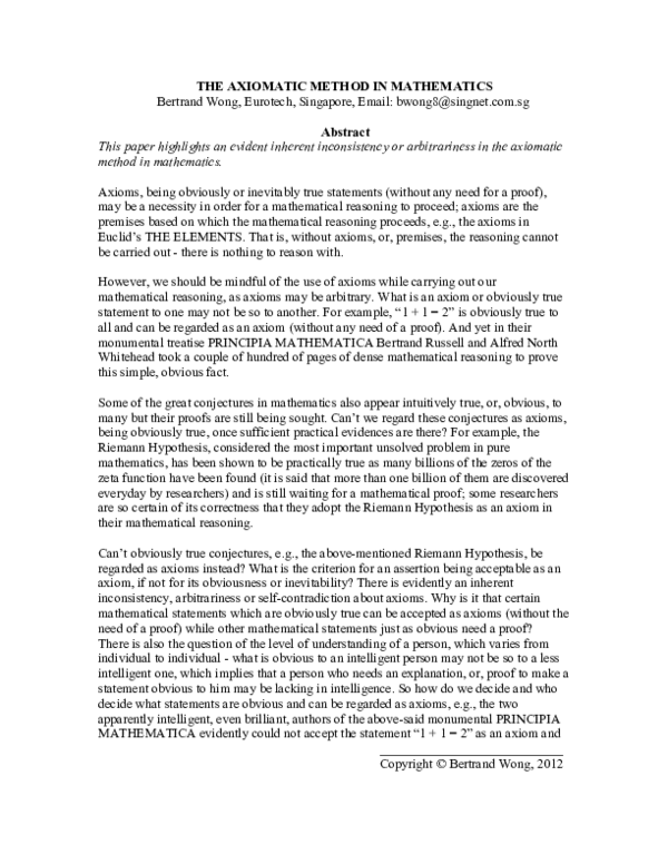 (PDF) The Axiomatic Method In Mathematics