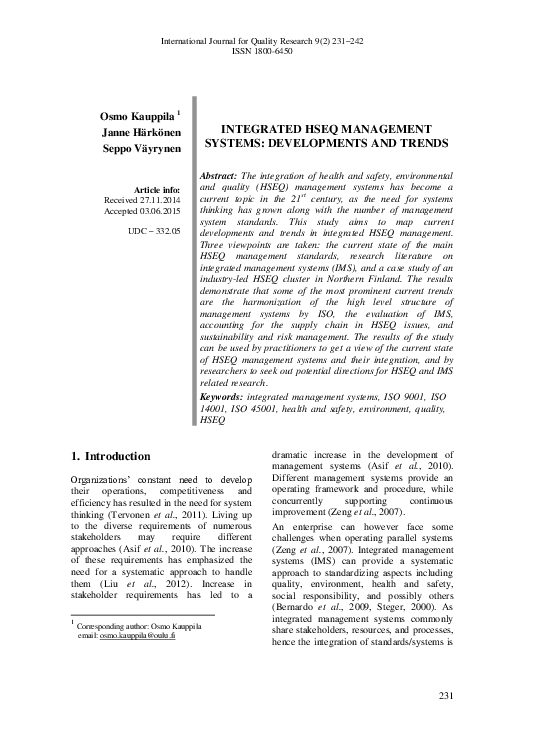 (PDF) Integrated Hseq Management Systems: Developments and Trends