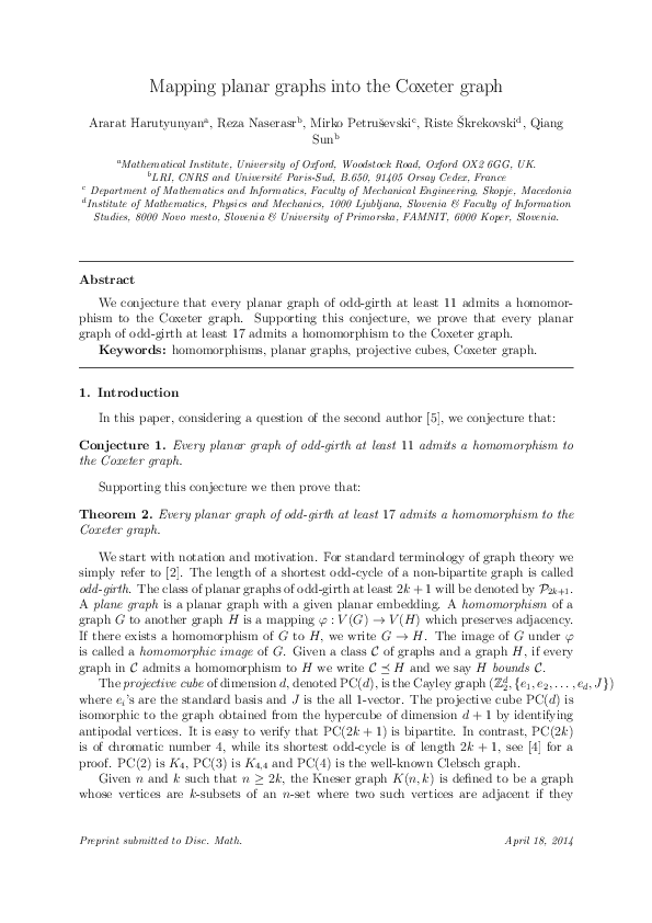 (PDF) Mapping planar graphs into the Coxeter graph