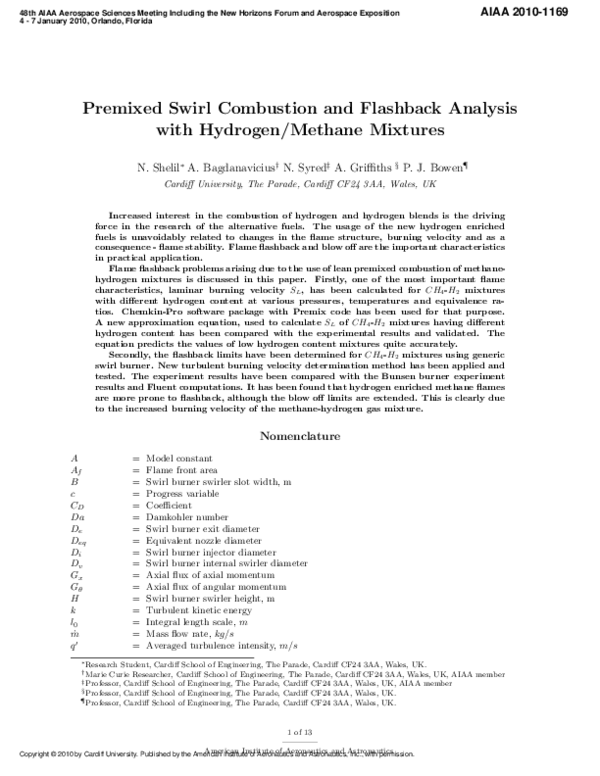(PDF) Premixed Swirl Combustion and Flashback Analysis with Hydrogen/Methane Mixtures