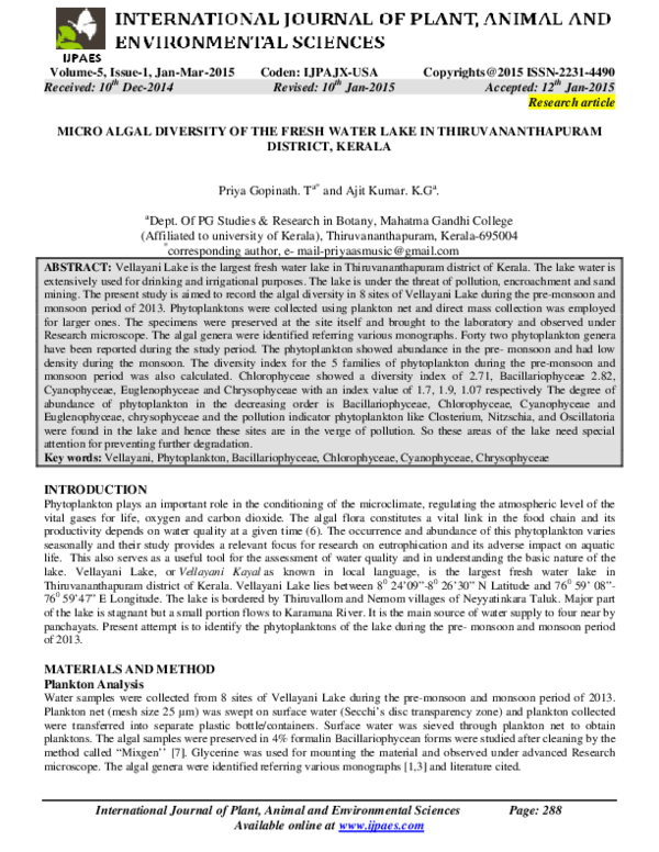 (PDF) Research article MICRO ALGAL DIVERSITY OF THE FRESH WATER LAKE IN ...