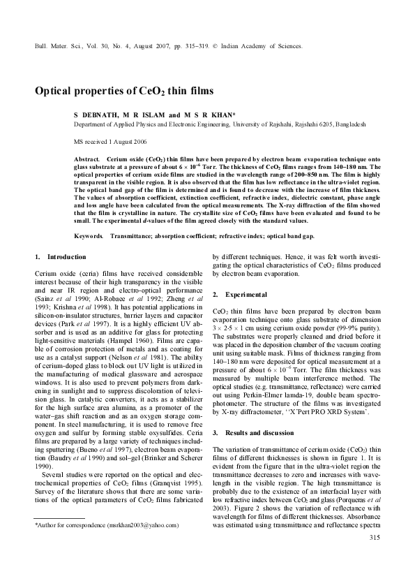 (PDF) Optical properties of CeO2 thin films