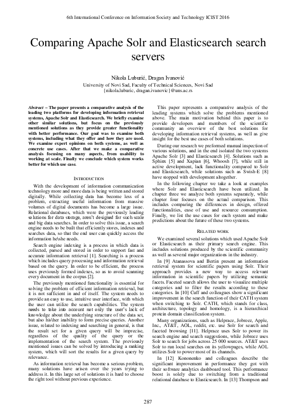 (PDF) Comparing Apache Solr and Elasticsearch search servers