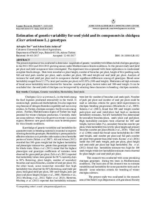 (PDF) Estimation of genetic variability for seed yield and its components in chickpea (Cicer ...