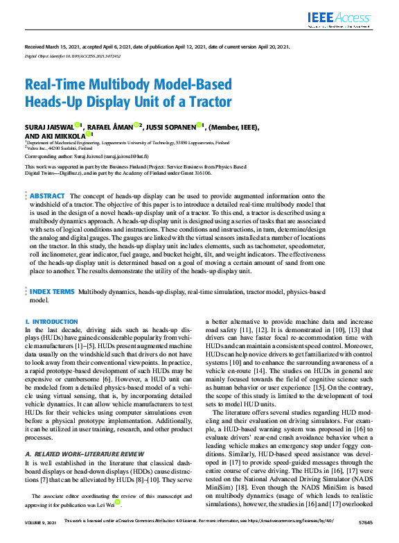 (PDF) Real-Time Multibody Model-Based Heads-Up Display Unit of a Tractor
