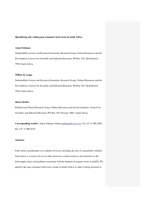 (PDF) Quantifying and valuing post-consumer food waste in South Africa