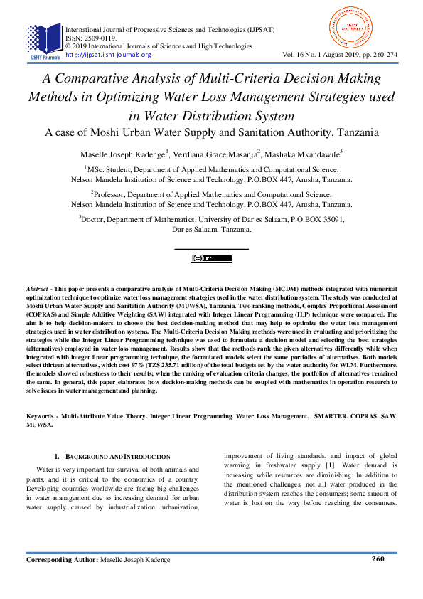 (PDF) A Comparative Analysis of Multi-Criteria Decision Making Methods in Optimizing Water Loss ...