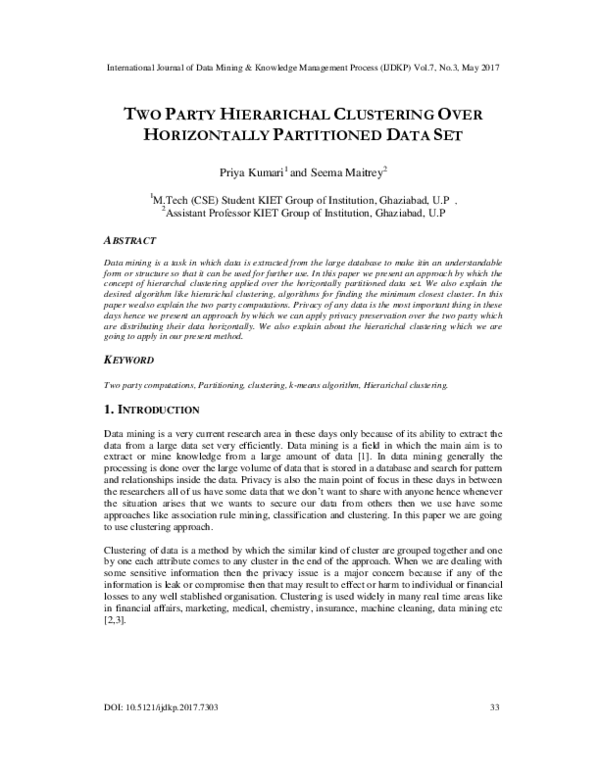 Pdf Two Party Hierarichal Clustering Over Horizontally Partitioned