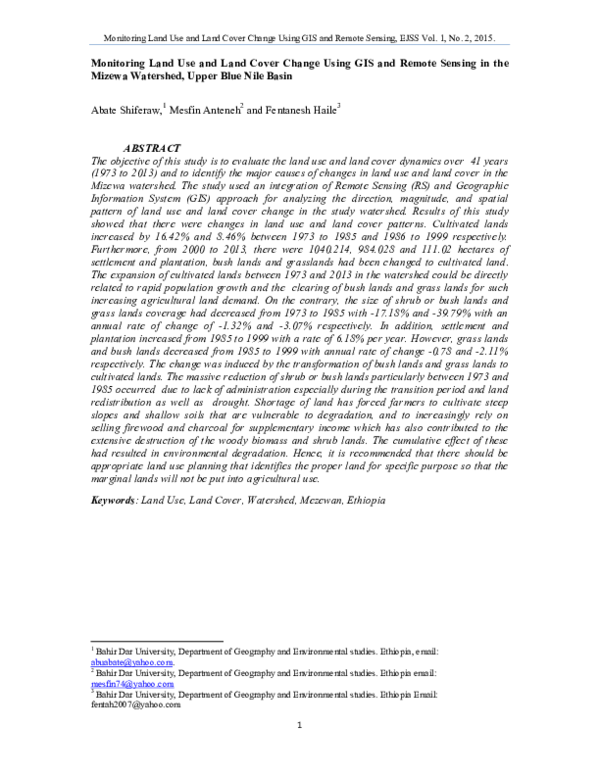 (PDF) Monitoring Land Use and Land Cover Change Using GIS and Remote Sensing in the Mizewa ...