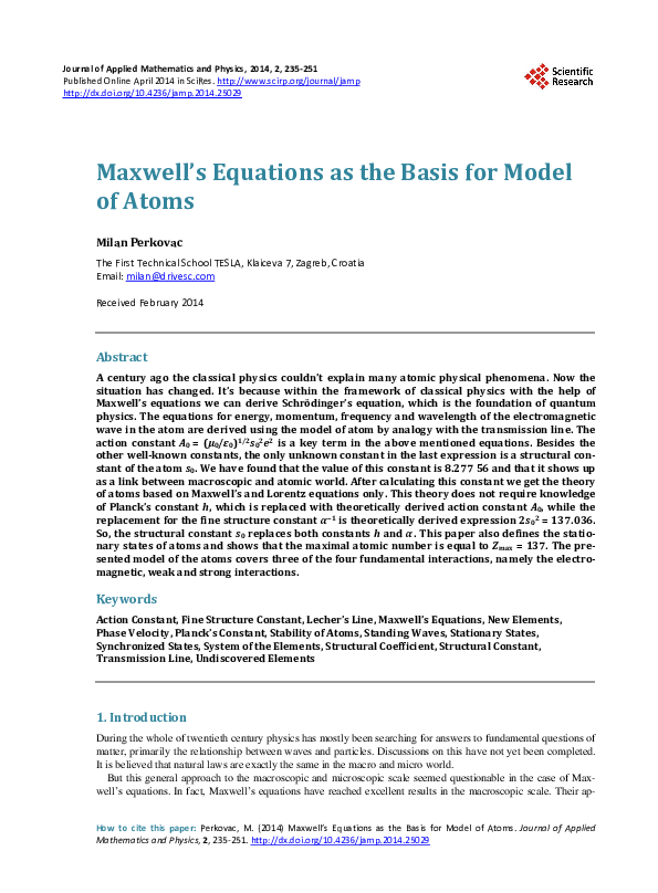 Maxwell’s Equations as the Basis for Model of Atoms