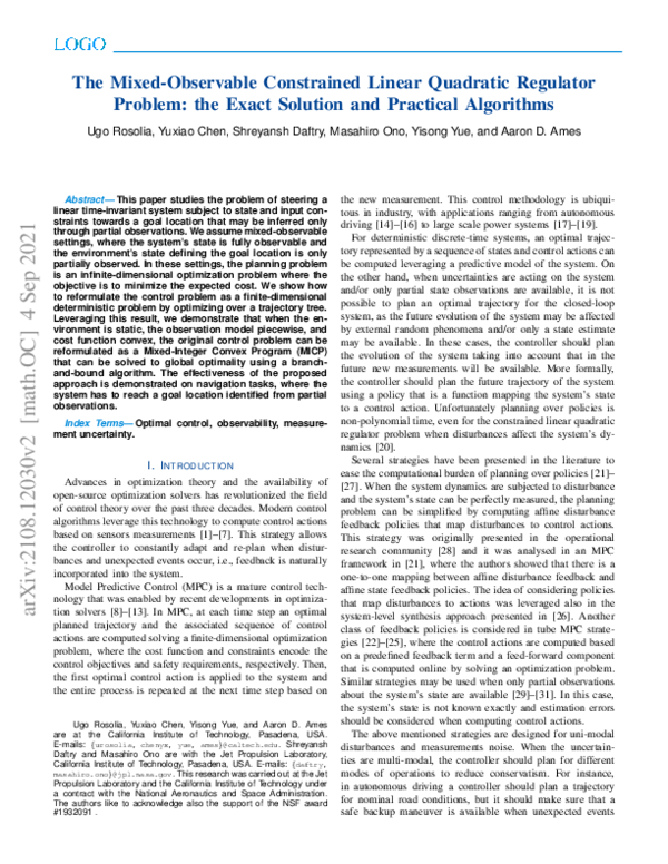 Pdf The Mixed Observable Constrained Linear Quadratic Regulator Problem The Exact Solution