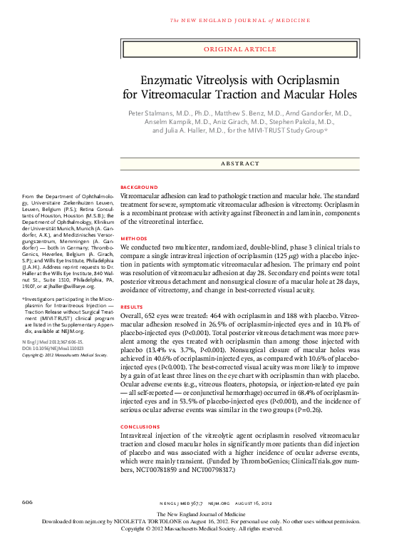 (PDF) Enzymatic Vitreolysis with Ocriplasmin for Vitreomacular Traction ...