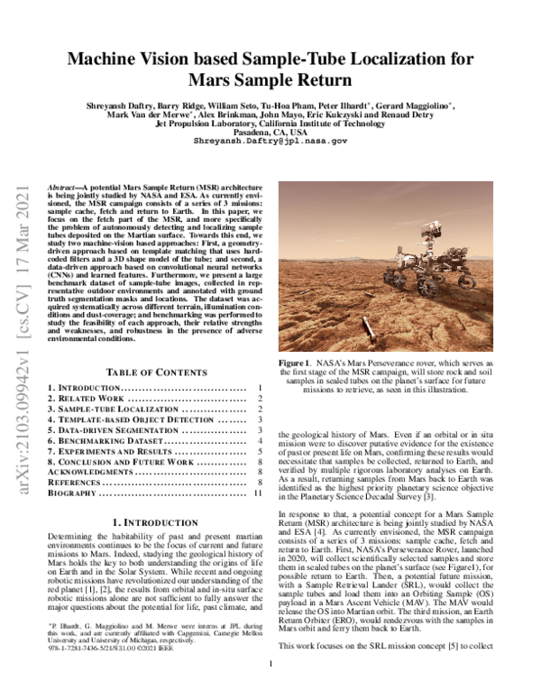 (PDF) Machine Vision based Sample-Tube Localization for Mars Sample Return