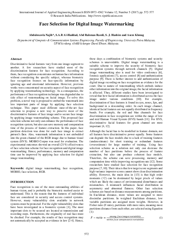 (PDF) Face Selection for Digital Image Watermarking