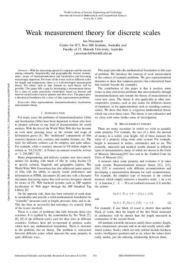 (PDF) Weak measurement theory for discrete scales