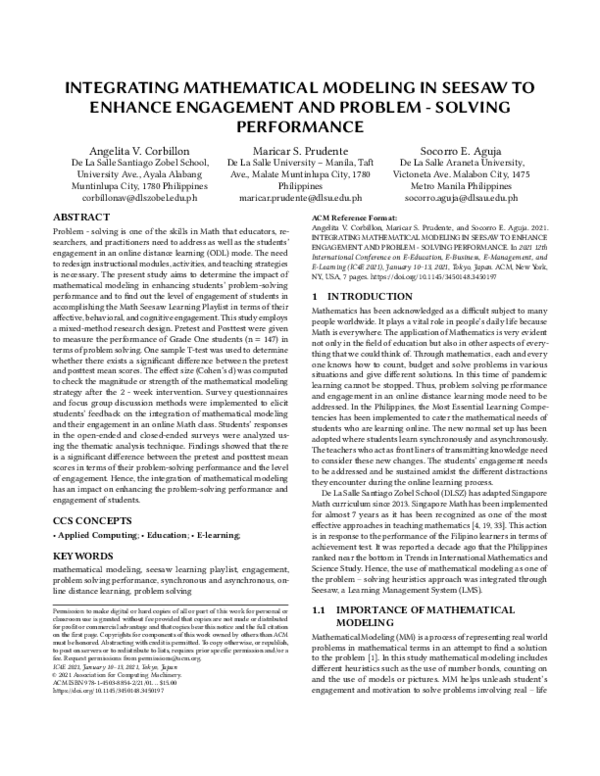 (PDF) INTEGRATING MATHEMATICAL MODELING IN SEESAW TO ENHANCE ENGAGEMENT AND PROBLEM -SOLVING ...