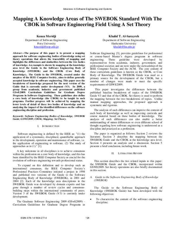 (PDF) Mapping A Knowledge Areas of The SWEBOK Standard With The CBOK in ...