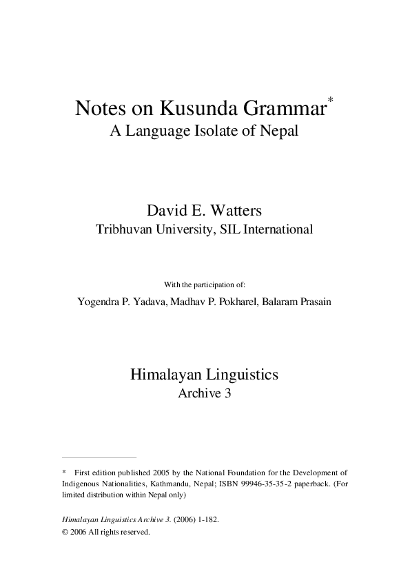 (PDF) Notes on Kusunda Grammar * A Language Isolate of Nepal Himalayan ...