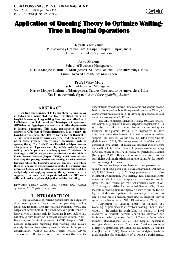 (PDF) An Application of Queuing Theory to Analyze Non-Clinical process in Hospital Operations