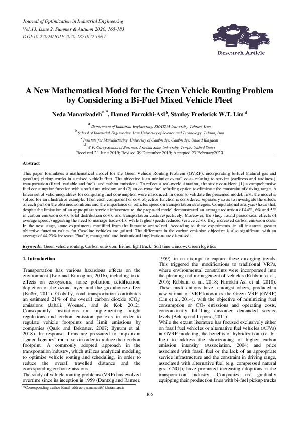 (PDF) A New Mathematical Model for the Green Vehicle Routing Problem by Considering a Bi-Fuel ...