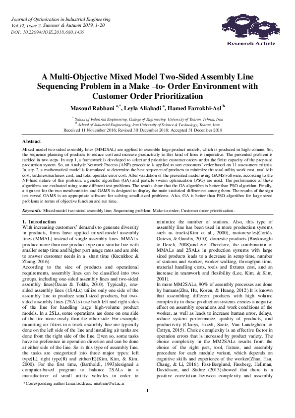 Pdf A Multi Objective Mixed Model Assembly Line Sequencing Problem In