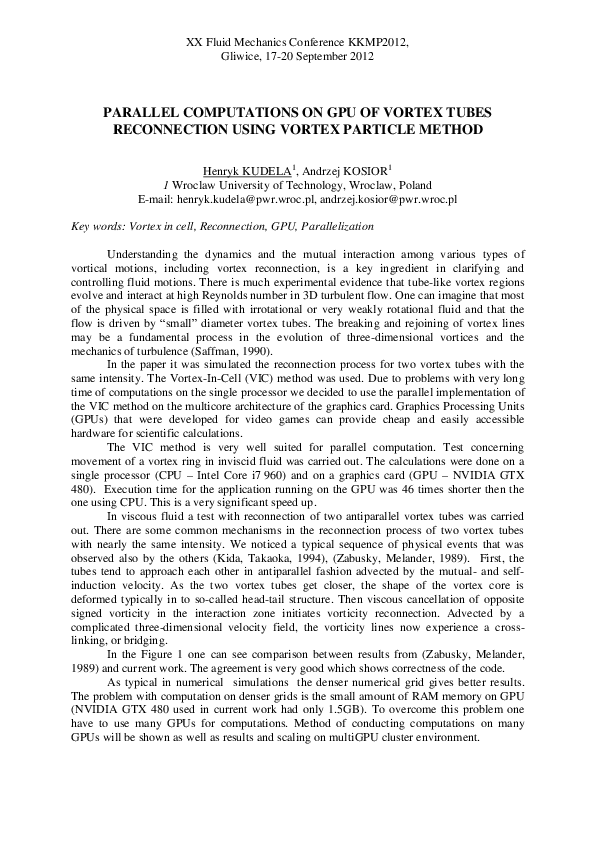 Pdf Parallel Computations On Gpu Of Vortex Tubes Reconnection Using Vortex Particle Method