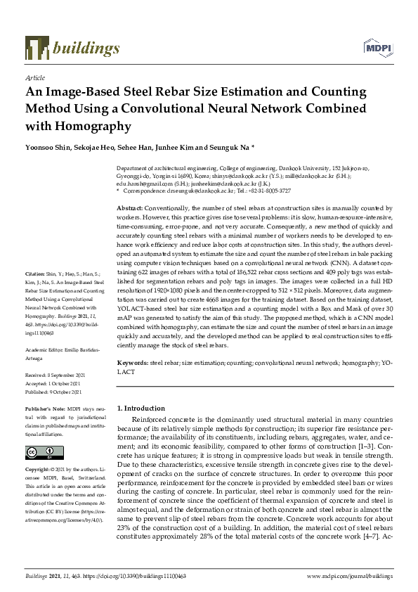 Pdf An Image Based Steel Rebar Size Estimation And Counting Method Using A Convolutional