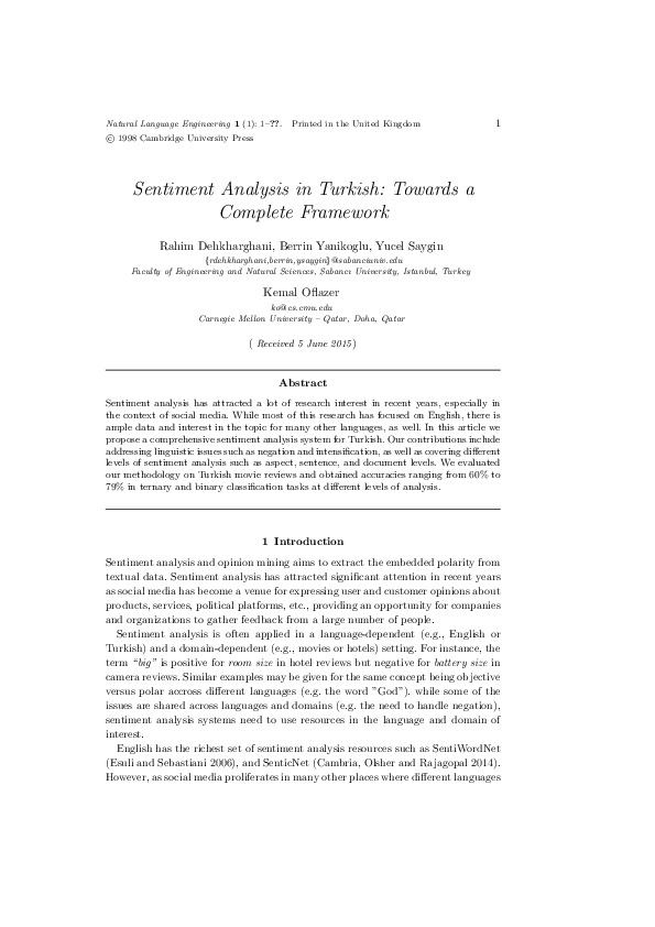 (PDF) Sentiment Analysis in Turkish : Towards a Complete Framework