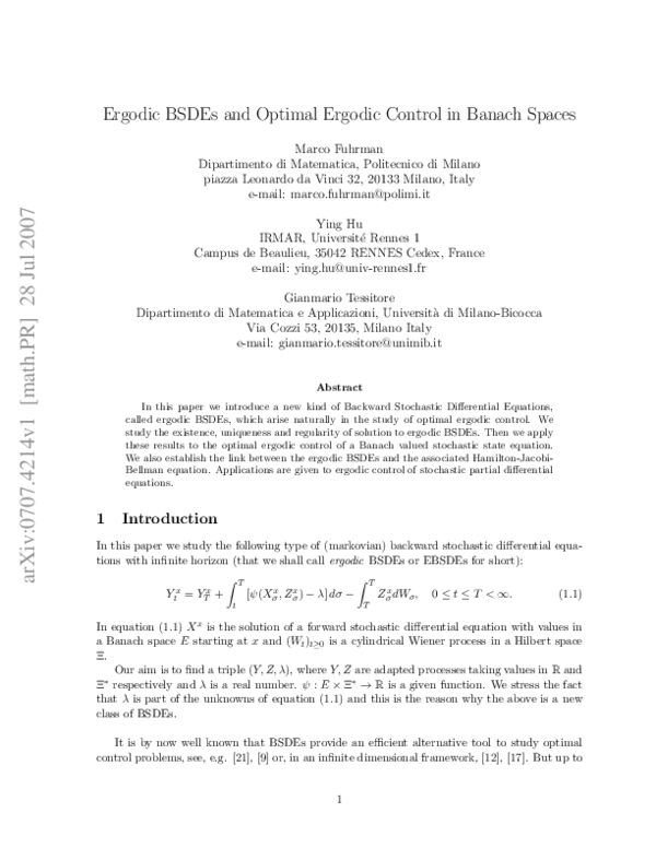 (PDF) Ergodic BSDEs and optimal ergodic control in Banach spaces. arXiv:0707.4214v1