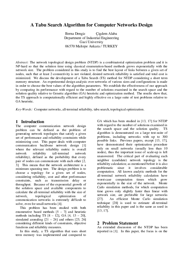 Pdf A Tabu Search Algorithm For Computer Networks Design