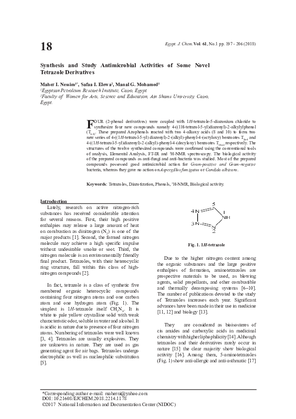 (PDF) Synthesis and study antimicrobial activities of some novel Tetrazole derivatives