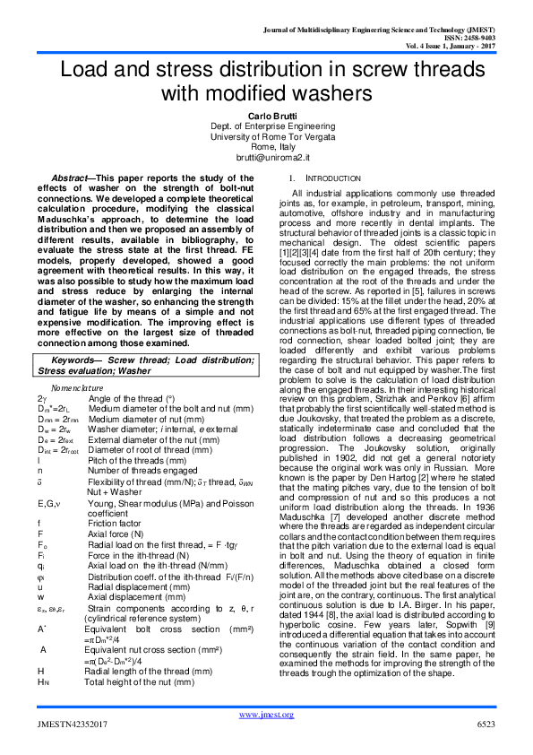 (PDF) Load and stress distribution in screw threads with modified washers