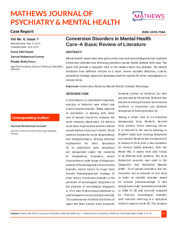 (PDF) Conversion Disorders in Mental Health Care-A Basic Review of ...