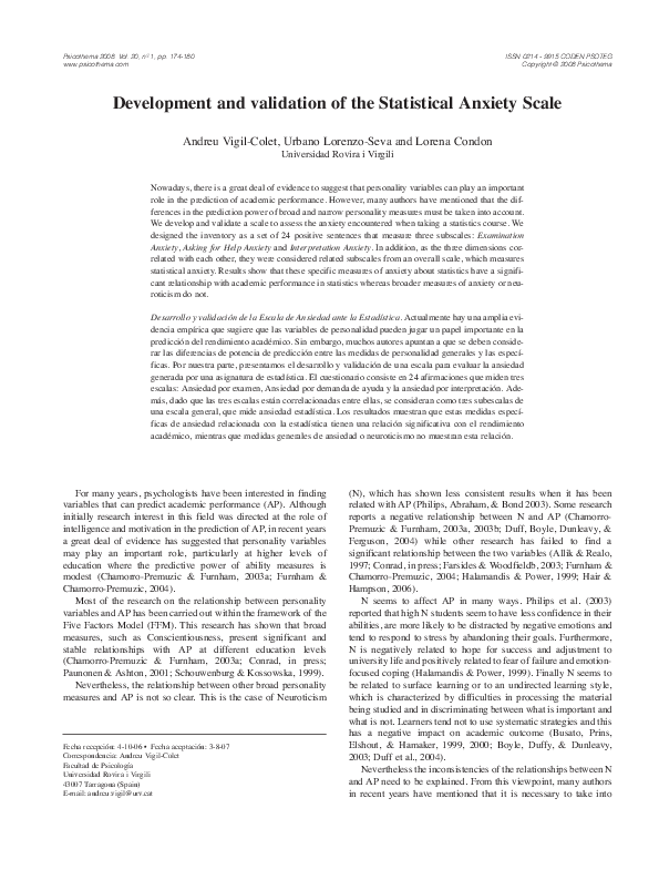 (PDF) Development and validation of the statistical anxiety scale