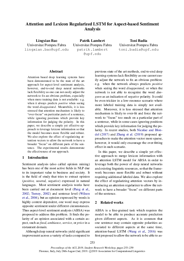(PDF) Attention and Lexicon Regularized LSTM for Aspect-based Sentiment ...