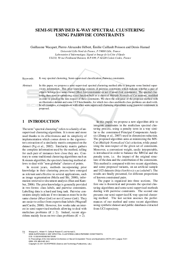 (PDF) Semi-supervised K-way Spectral Clustering using Pairwise Constraints