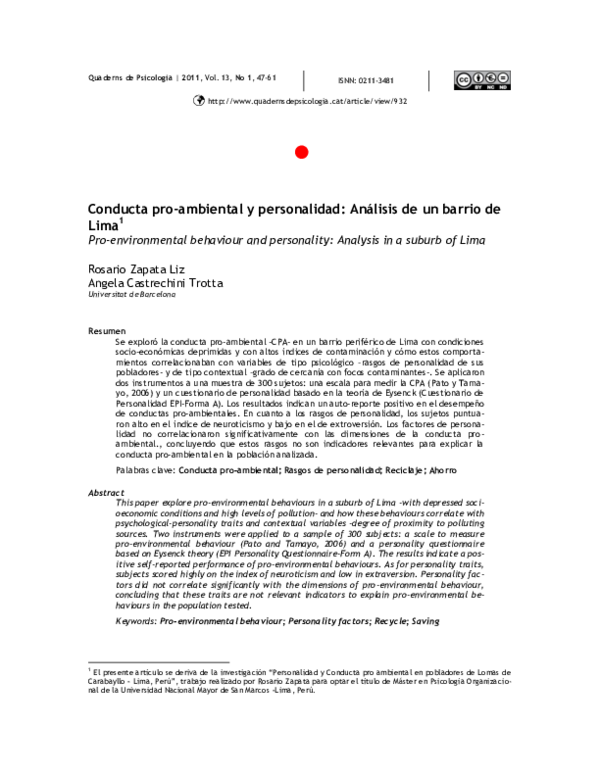 (PDF) Conducta pro-ambiental y personalidad: Análisis de un barrio de ...