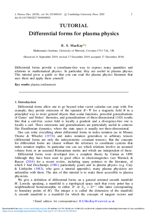 (PDF) Differential forms for plasma physics