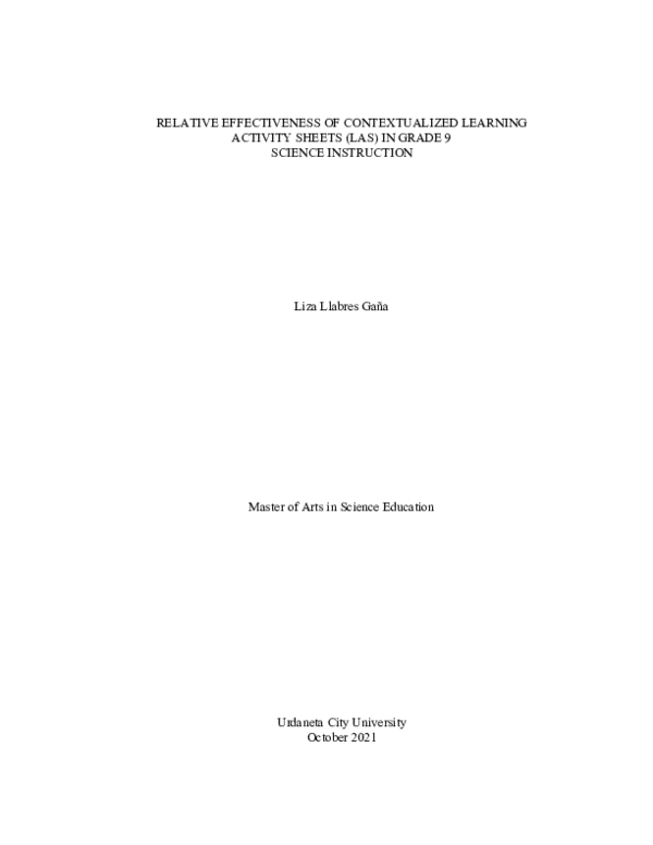 DOC RELATIVE EFFECTIVENESS OF CONTEXTUALIZED LEARNING ACTIVITY SHEETS DOC RELATIVE EFFECTIVENESS OF CONTEXTUALIZED LEARNING ACTIVITY SHEETS
